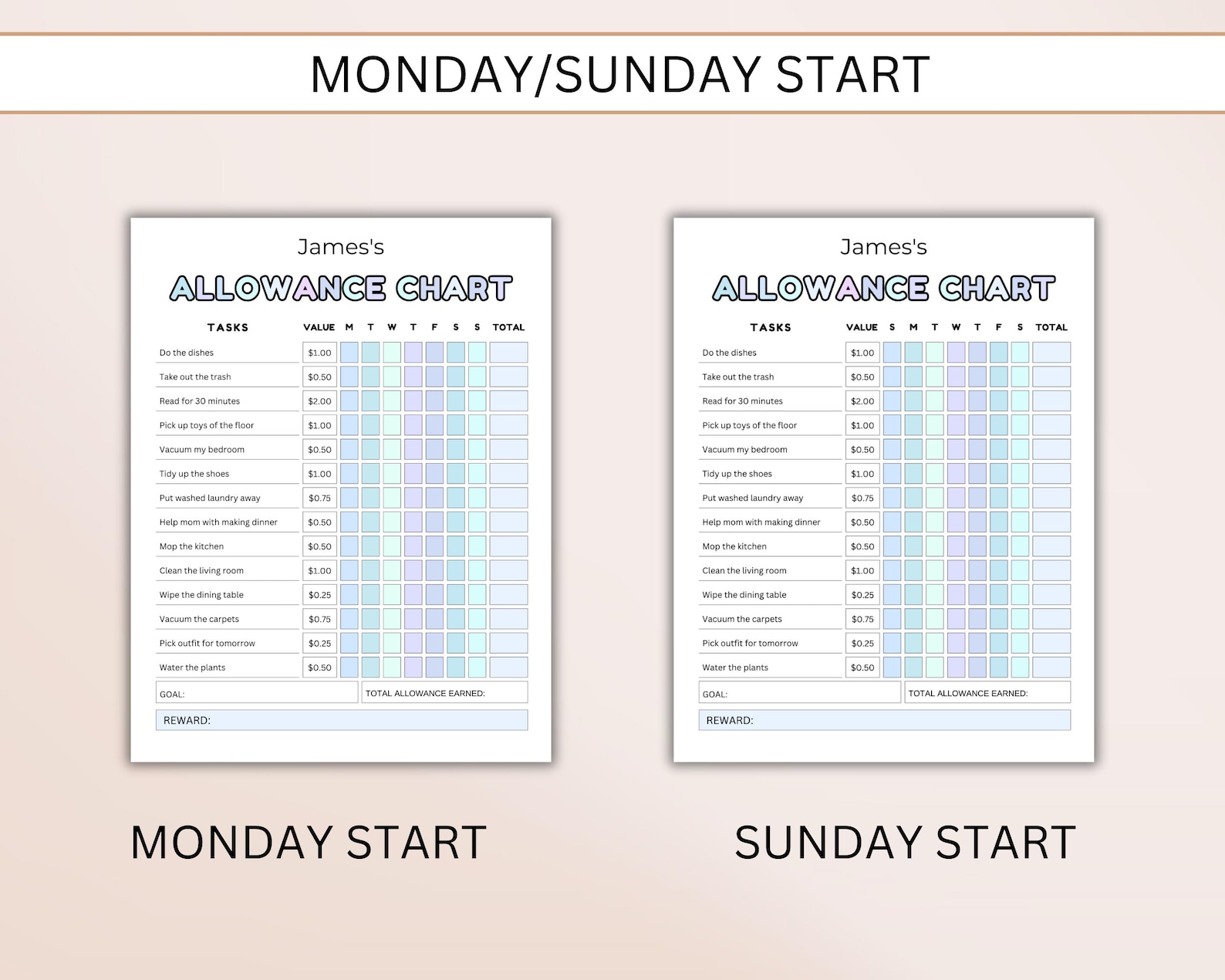 Allowance Chore Chart Printable | Kids Chore & Money Log | Budget Sheet ...
