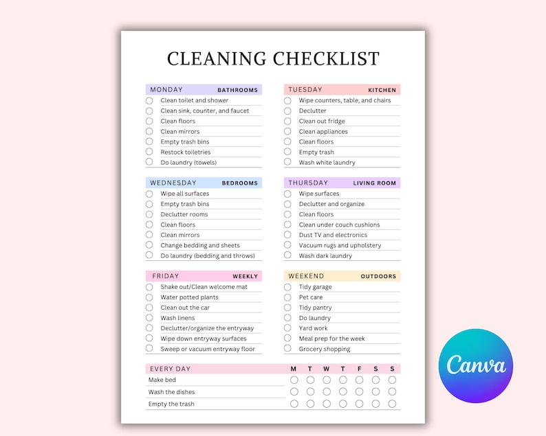 Cleaning Schedule Template, Editable Weekly Chore Checklist, Printable ...