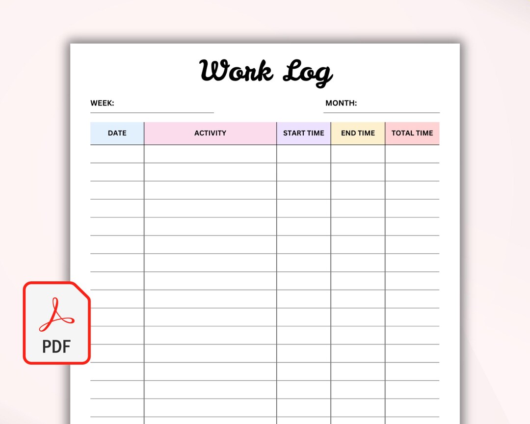 Work Log Printable | Time Log & Activity Tracker | Work Hours Log ...