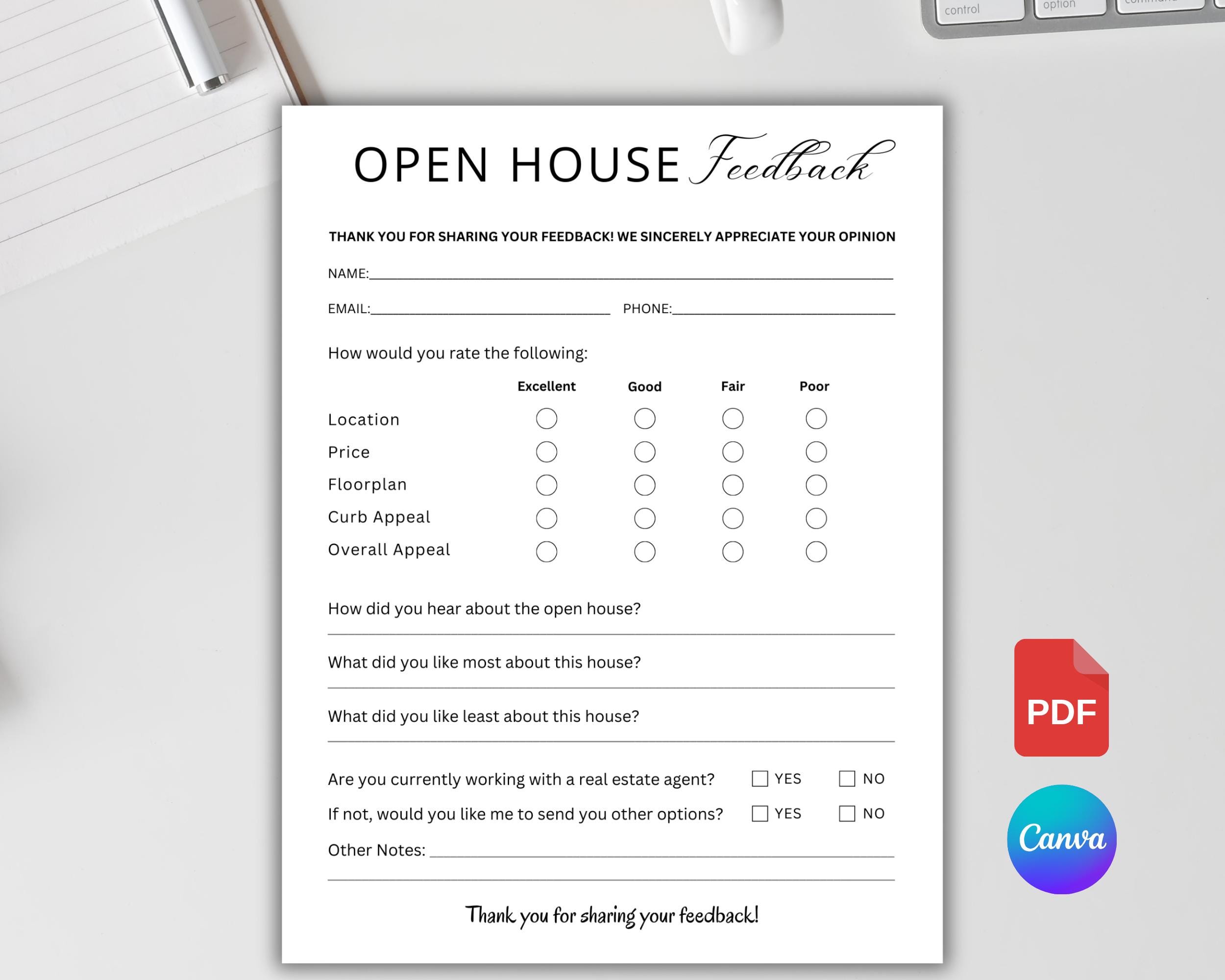 Open House Feedback Form Printable | Real Estate Agent Feedback Sheet ...