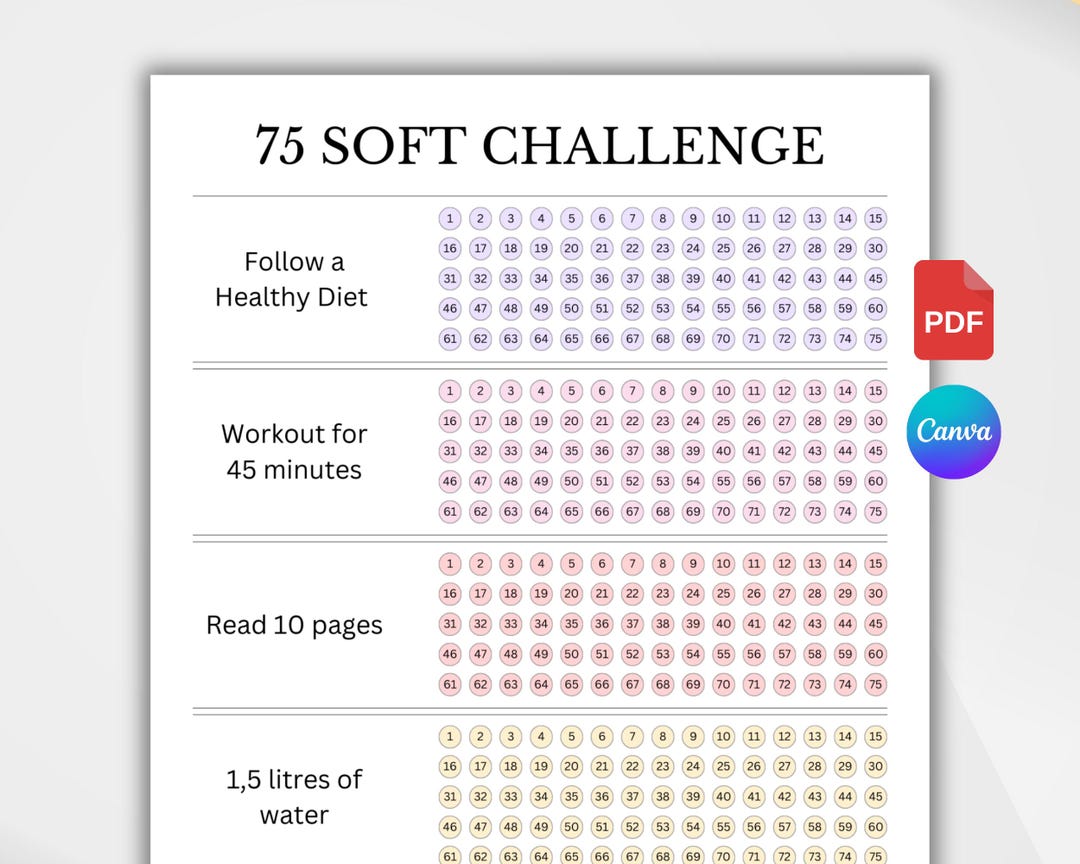 PRINTABLE 75 Soft Challenge Tracker. Daily 75 Soft Challenge Journal ...