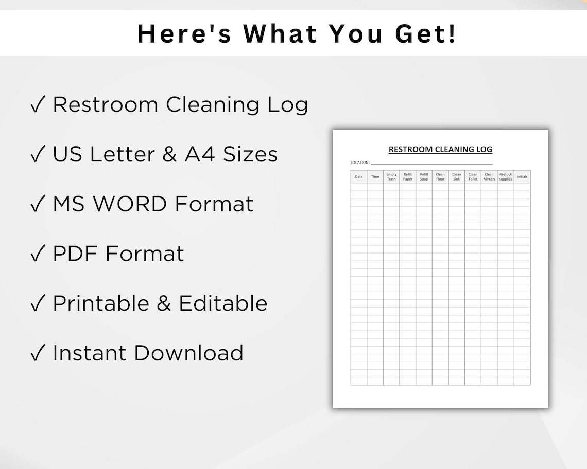 Printable Restroom Cleaning Log. Cleaning Checklist. Business Bathroom ...