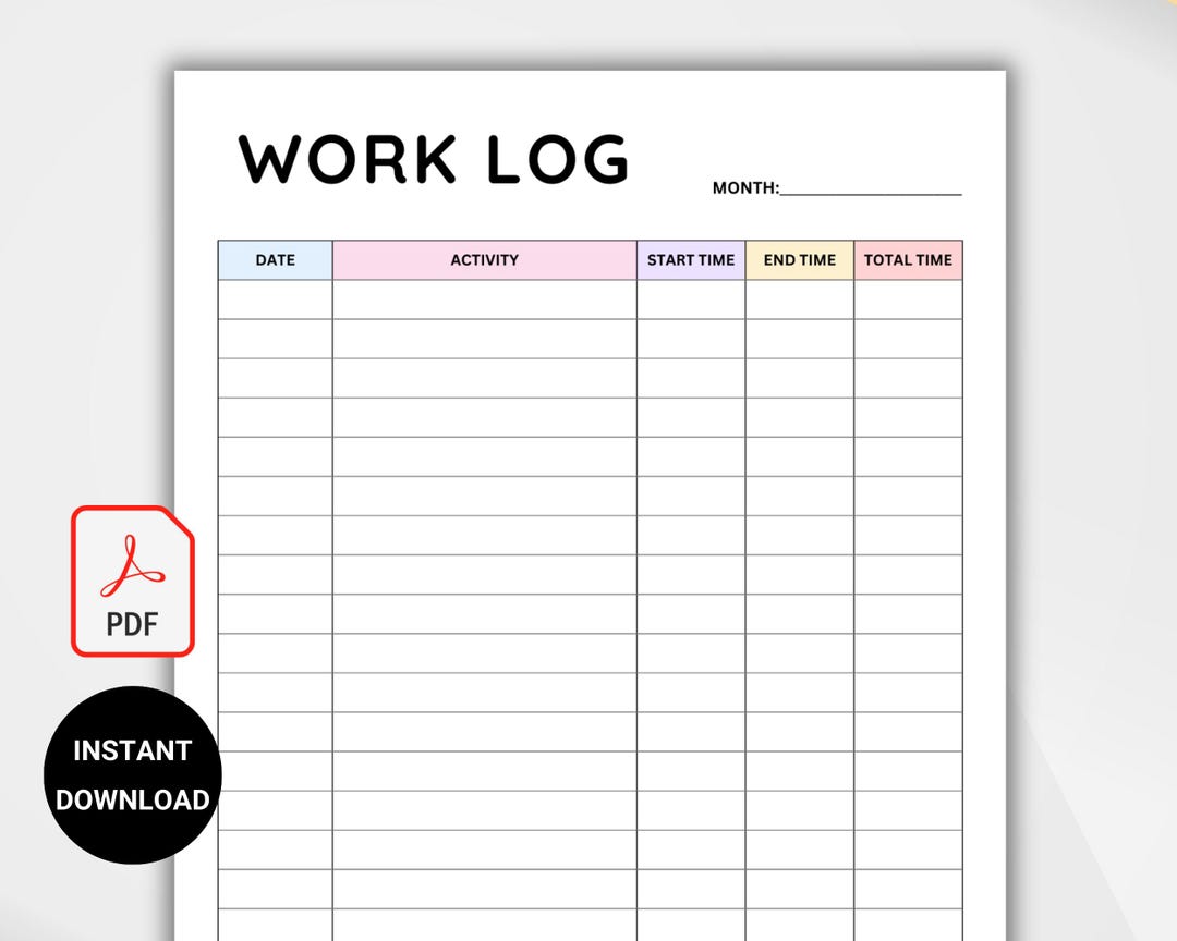 Work Log Printable PDF, Time Sheet Log, Working Hours Log, Activity ...