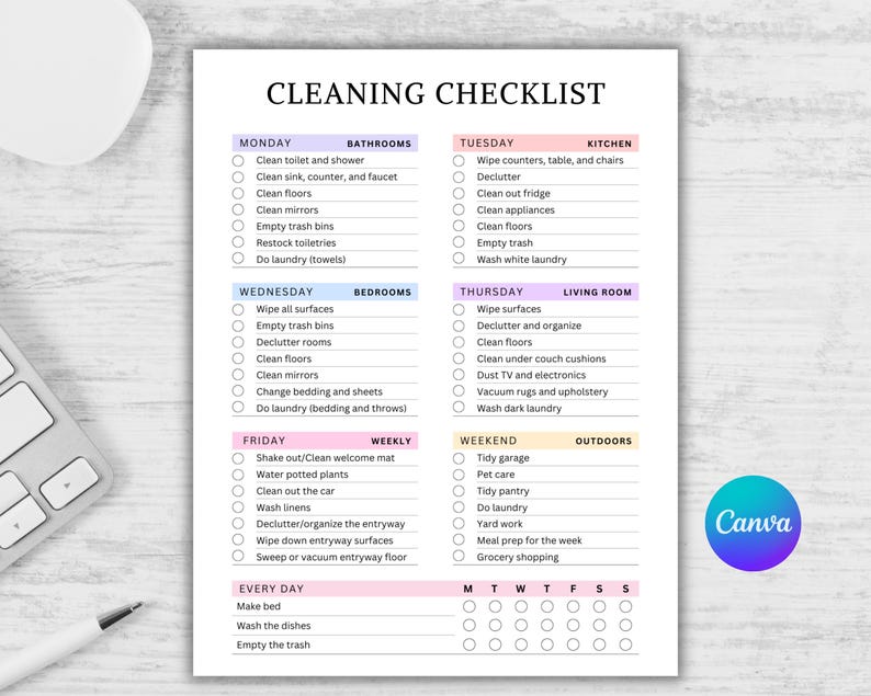 Cleaning Schedule Template, Editable Weekly Chore Checklist, Printable ...