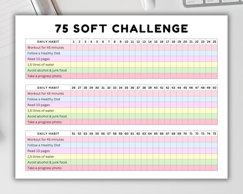 PRINTABLE 75 Soft Challenge Tracker. Daily 75 Soft Challenge Journal ...