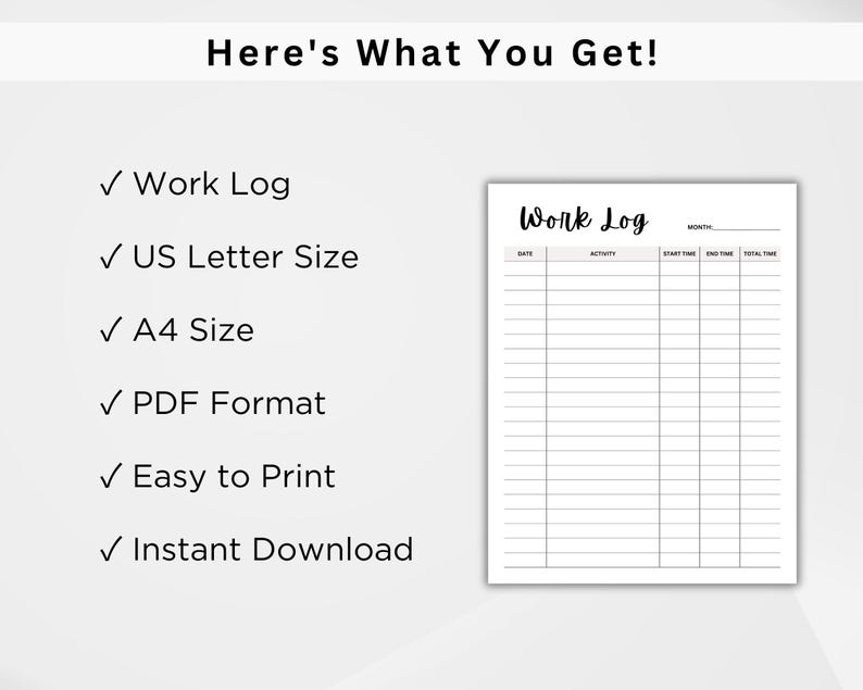 Work Log Printable | Daily Task & Time Tracker | Employee Timesheet ...