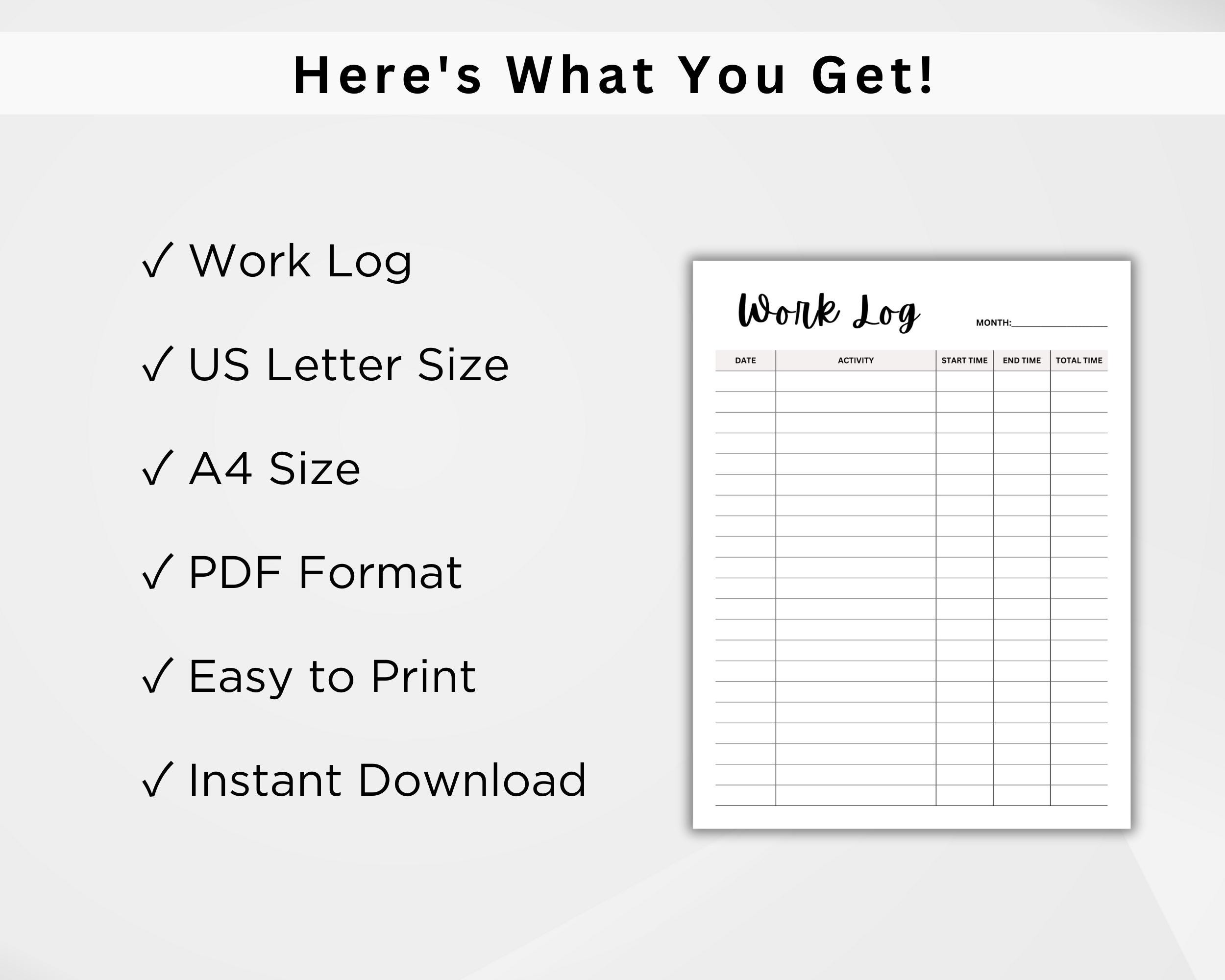 Work Log Printable | Daily Task & Time Tracker | Employee Timesheet ...