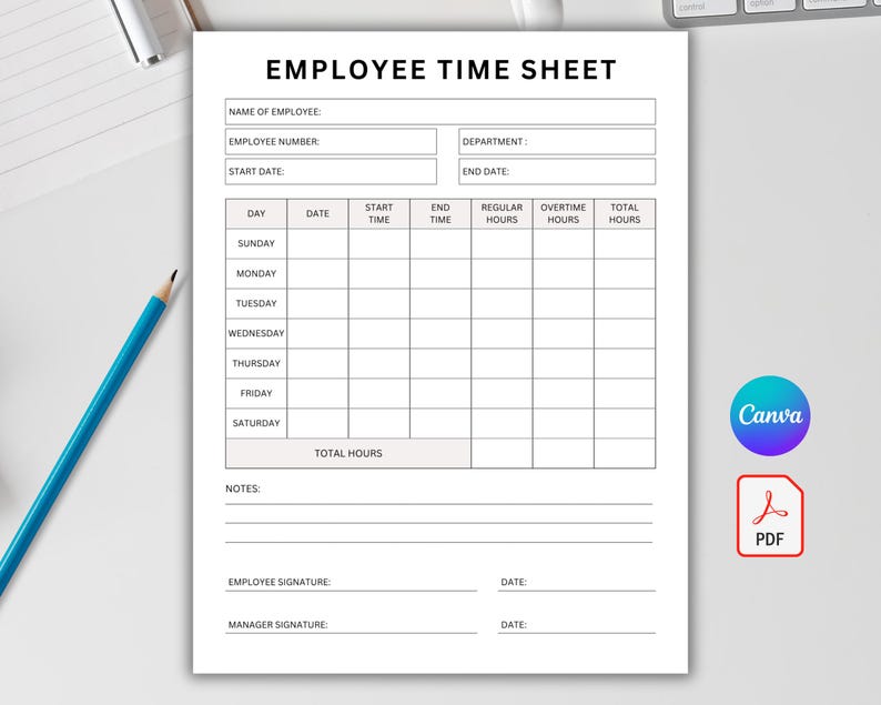 Printable Employee Time Sheet | Weekly Timesheet Template | Staff Work ...