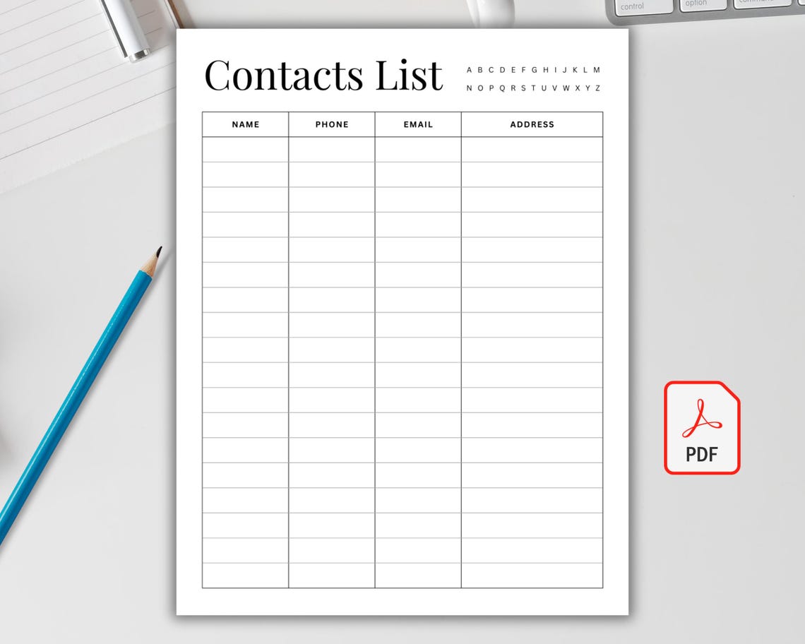 Contacts List Printable. PDF Contact Information. Contact List Template ...