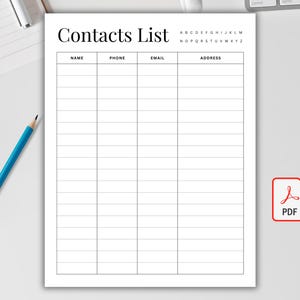 Contacts List Printable. PDF Contact Information. Contact List Template ...
