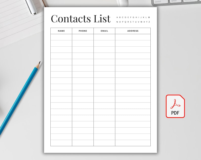 Contacts List Printable. PDF Contact Information. Contact List Template ...