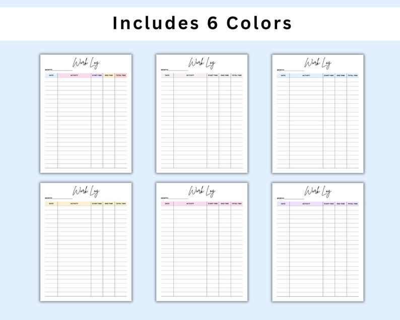 Printable Work Log PDF | Employee Time Tracker | Freelance Timesheet ...