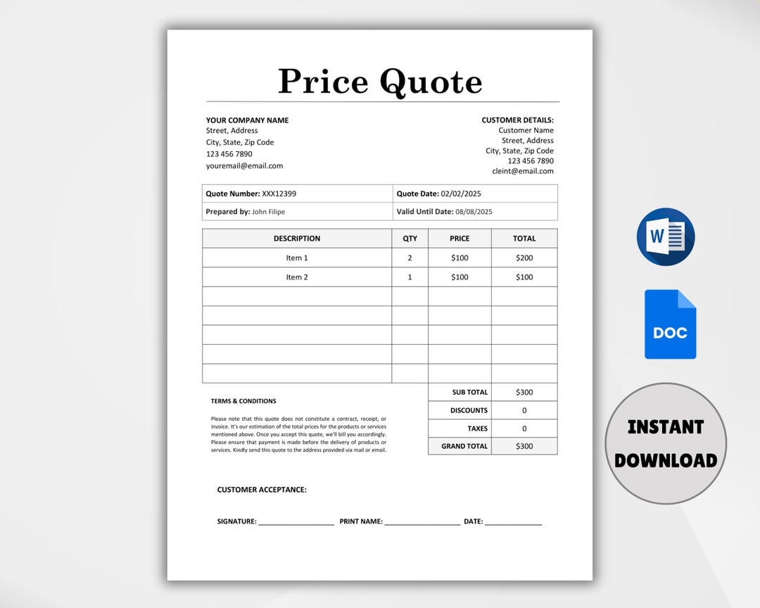 Quote Template Downloadable, Printable Template, Business Form, Simple ...