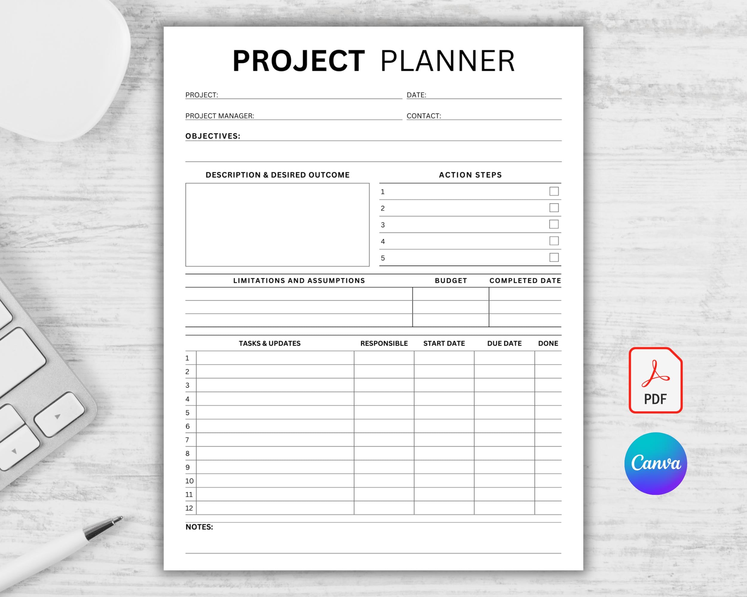 Simple Project Planner EDITABLE, Printable Project Planning Templates ...