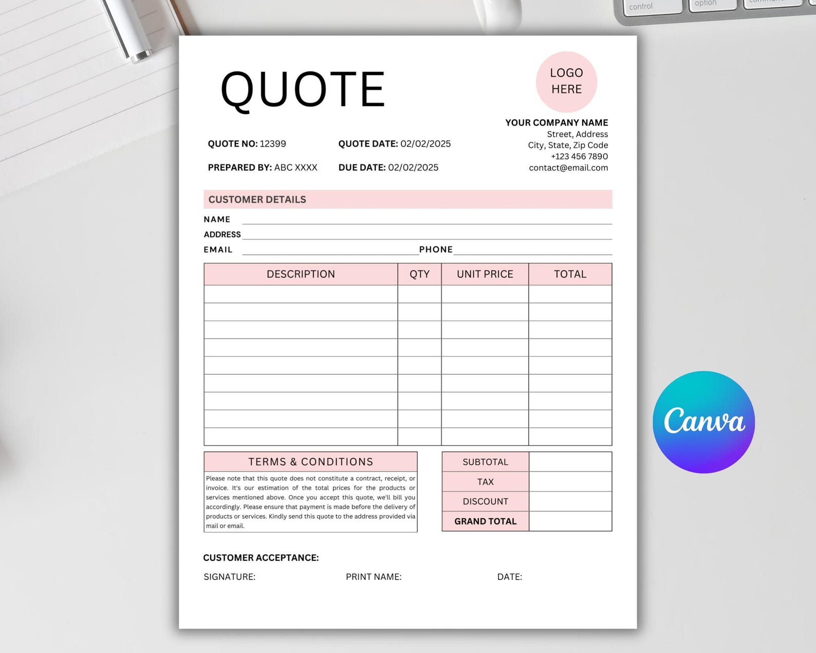 Quote Template. Quote Form. Job Quote. Job Proposal. Small Business ...