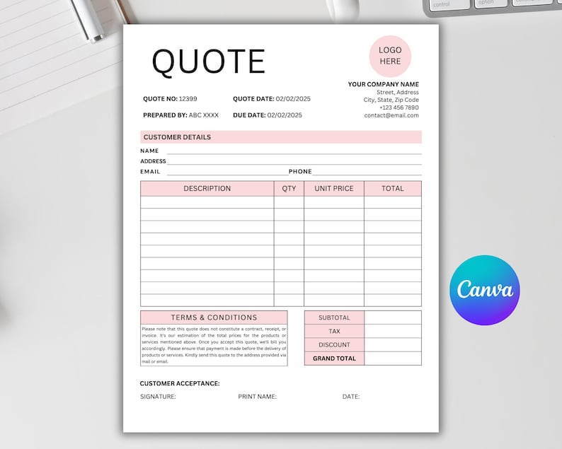 Quote Template. Quote Form. Job Quote. Job Proposal. Small Business ...