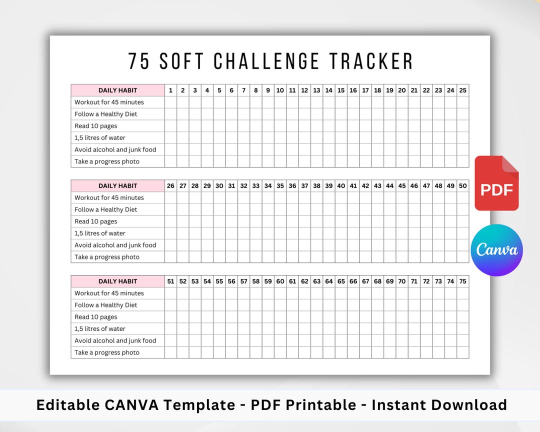 Editable 75 Soft Challenge Tracker. Printable 75 Soft Challenge. 75 Day ...