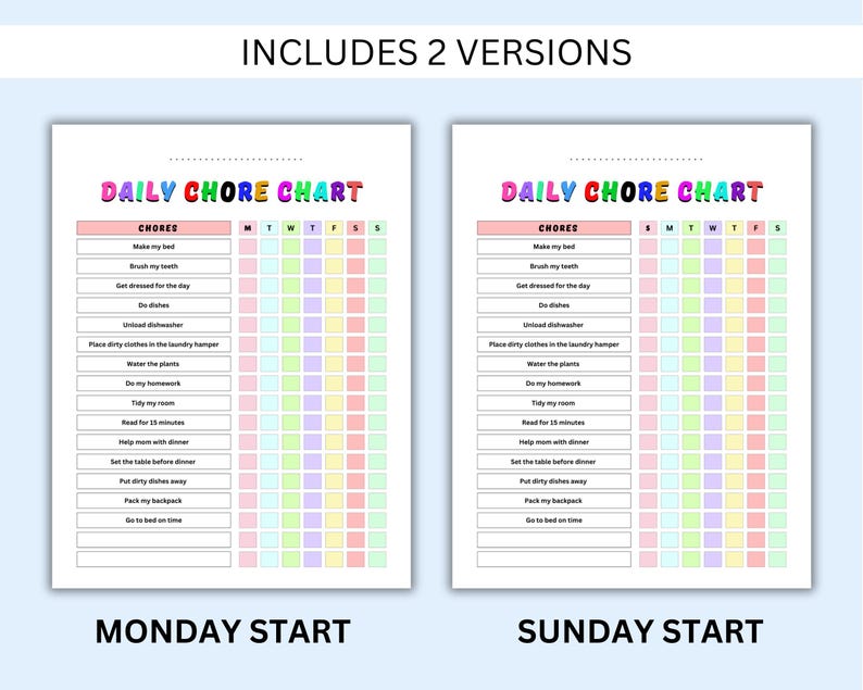 Editable Chore Chart Weekly Chore Chart for Kids Printable Daily ...