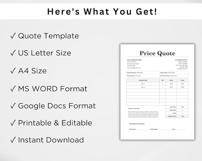 Quote Template Downloadable, Printable Template, Business Form, Simple ...