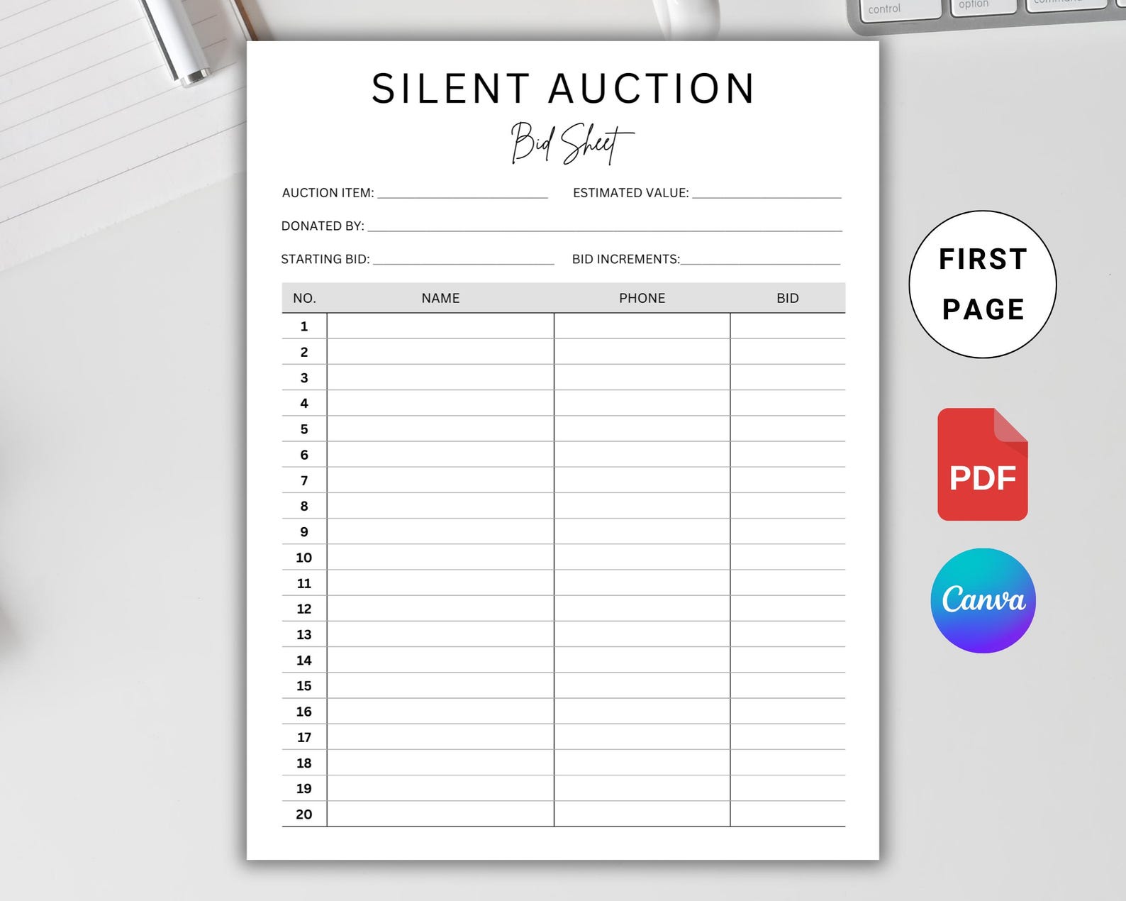 Silent Auction Template. Printable Silent Auction Bid Sheet. Silent ...
