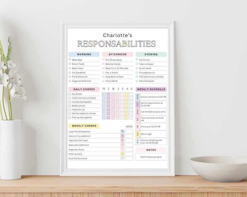 Tableau des responsabilités pour les enfants. Modèle de calendrier de ...