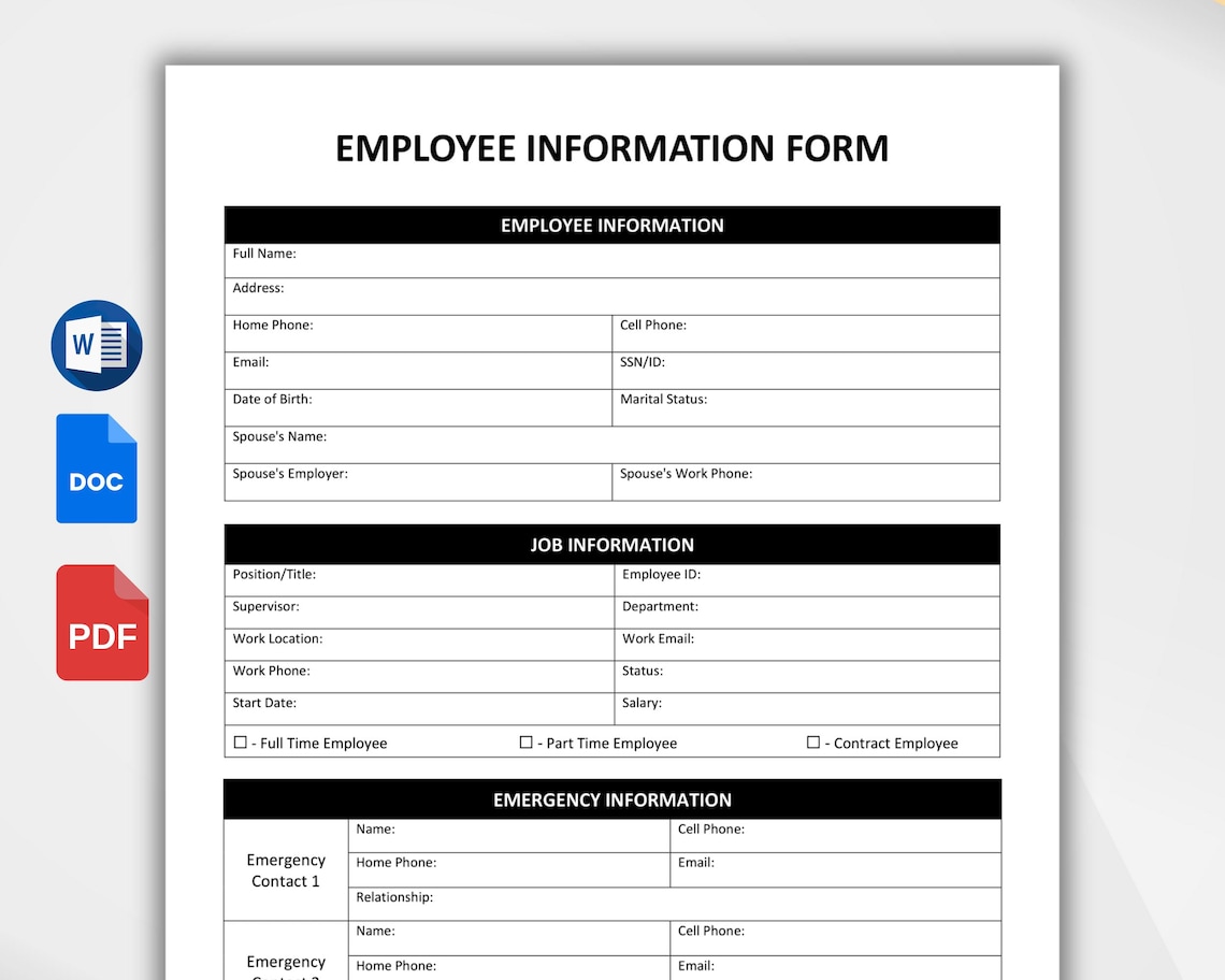 EDITABLE Employee Information Form. New Hire Paperwork. HR Templates ...
