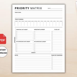 Task Priority Matrix Printable | Decision Matrix & Productivity Planner | Daily Action Planner ...