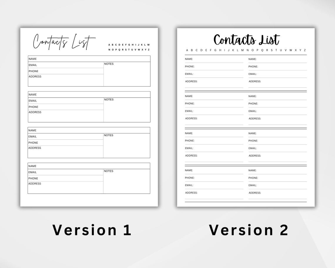 4 Contacts List Printable. Contact Information Template. Contact Sheet ...