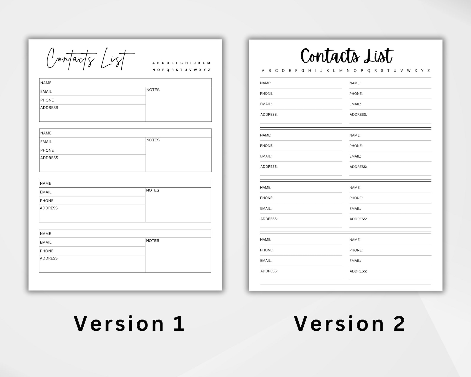 4 Contacts List Printable. Contact Information Template. Contact Sheet ...
