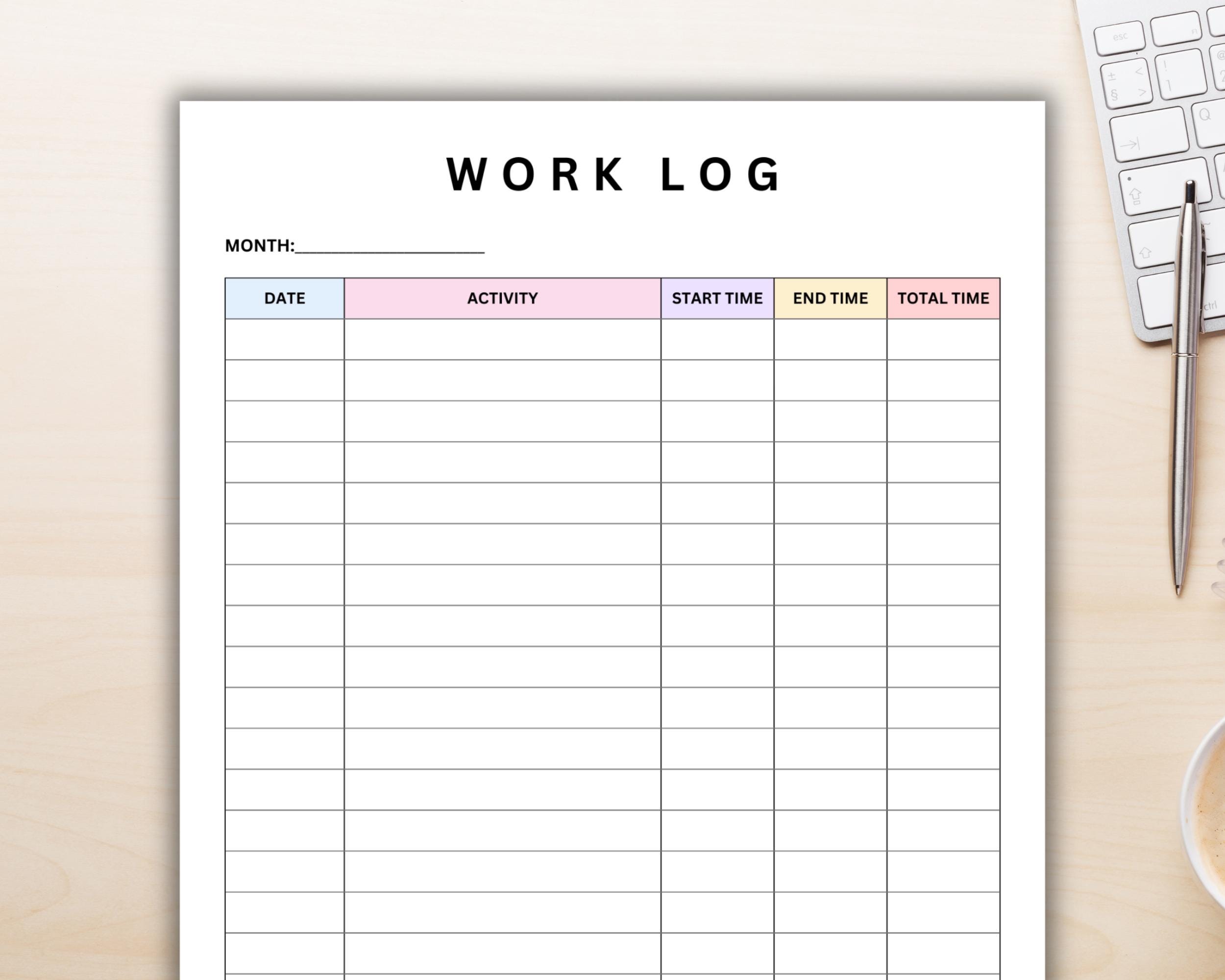 Printable Work Log for Work. Time Log. Time Tracker. Working Hours Log ...