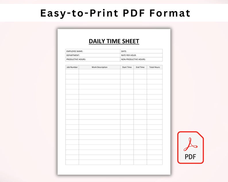 Employee Timesheet: Printable Work Hours Log (PDF Template, Instant ...