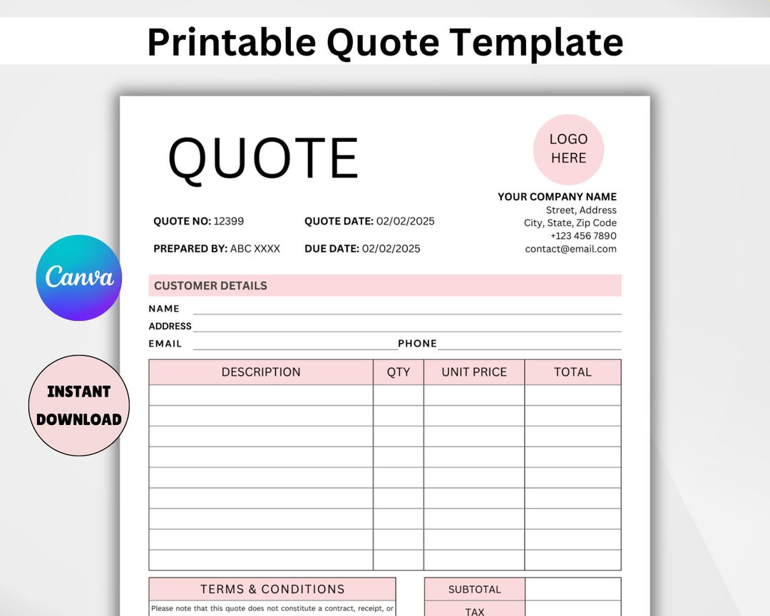 Quote Template. Quote Form. Job Quote. Job Proposal. Small Business ...