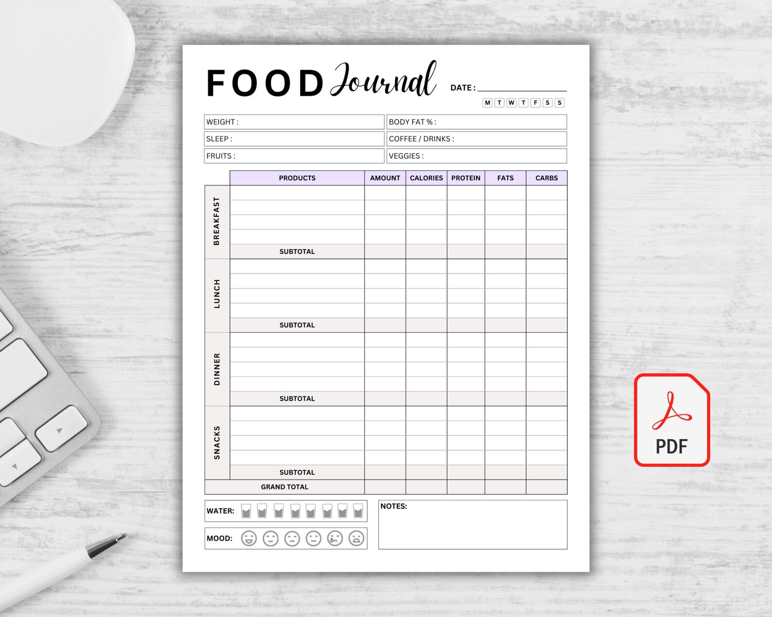 Daily Food Diary. Food Journal. Daily Calorie Tracker. Calorie Counting ...
