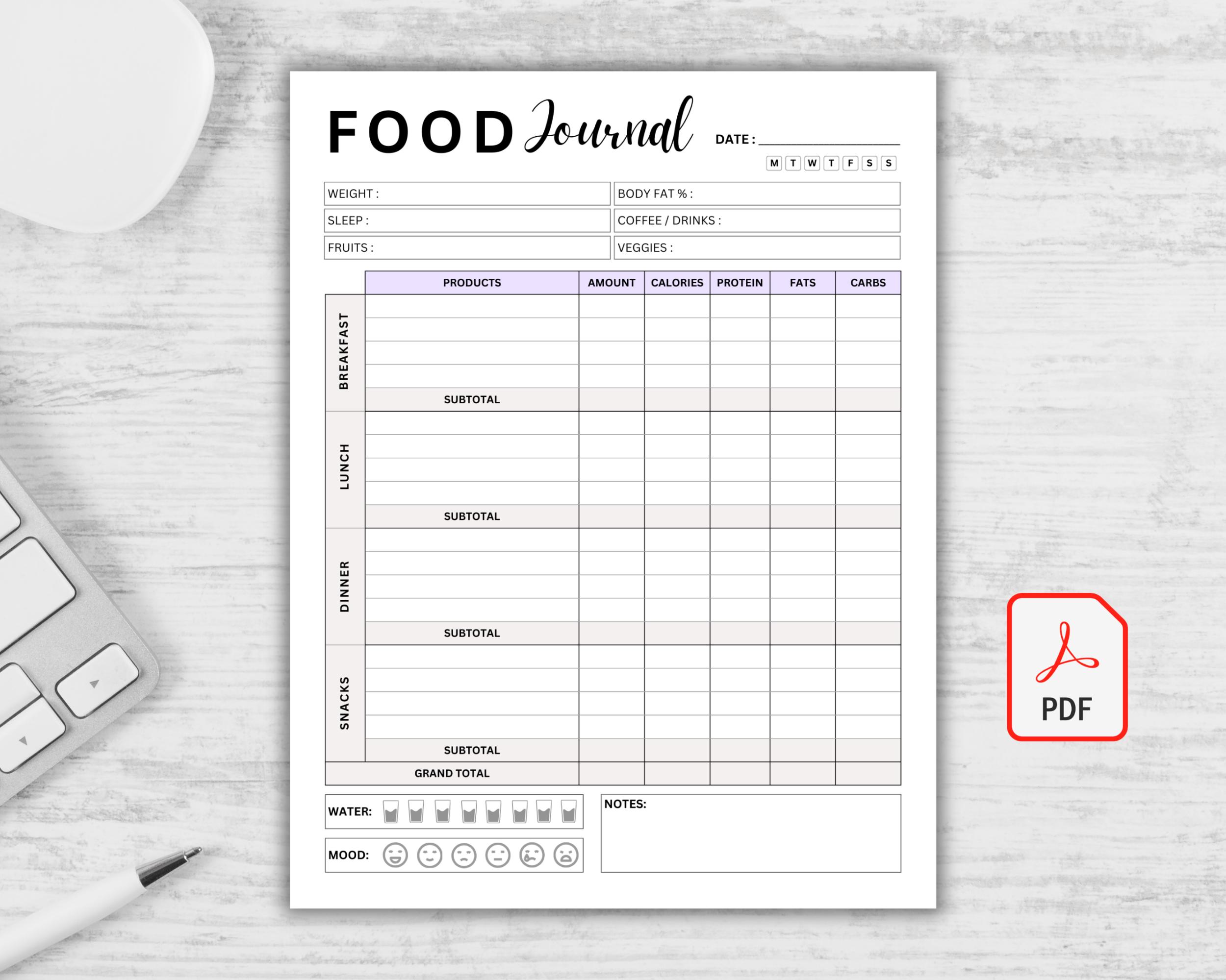 Daily Food Diary. Food Journal. Daily Calorie Tracker. Calorie Counting ...