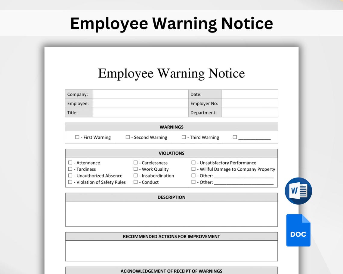 PRINTABLE Employee Warning Notice. Employee Write Up. Employee ...