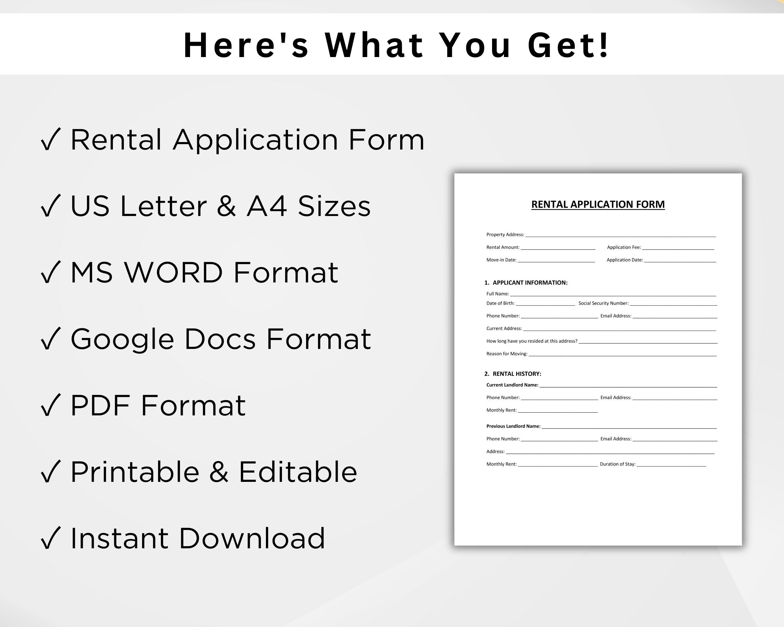 Editable Rental Property Application Form. Landlord Rental Application ...