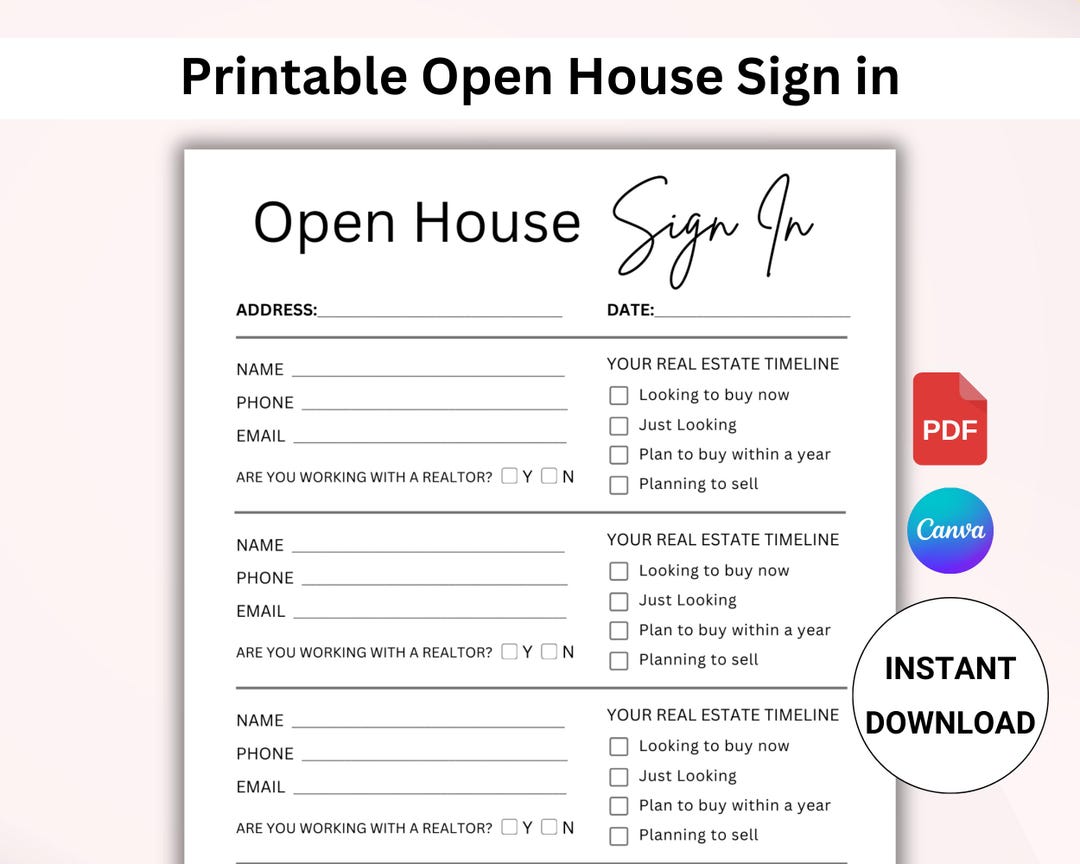 PRINTABLE Open House Sign-in Sheet. Realtor Marketing Materials. Open ...