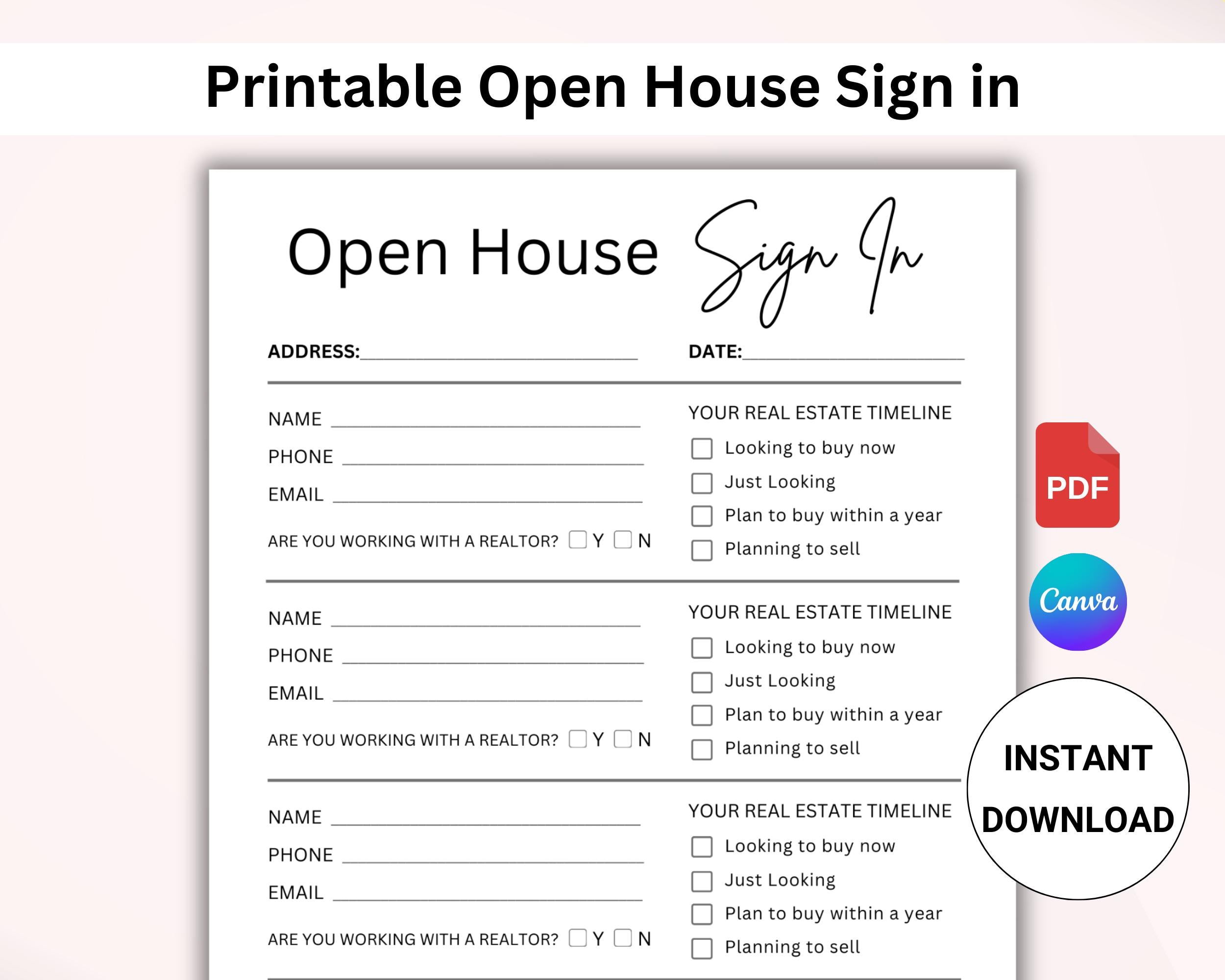 PRINTABLE Open House Sign-in Sheet. Realtor Marketing Materials. Open ...