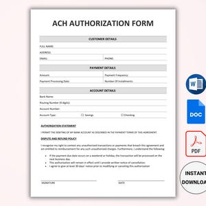 Printable ACH Authorization Form Template. Editable Debit Authorization ...