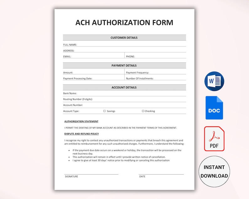 Printable ACH Authorization Form Template. Editable Debit Authorization ...