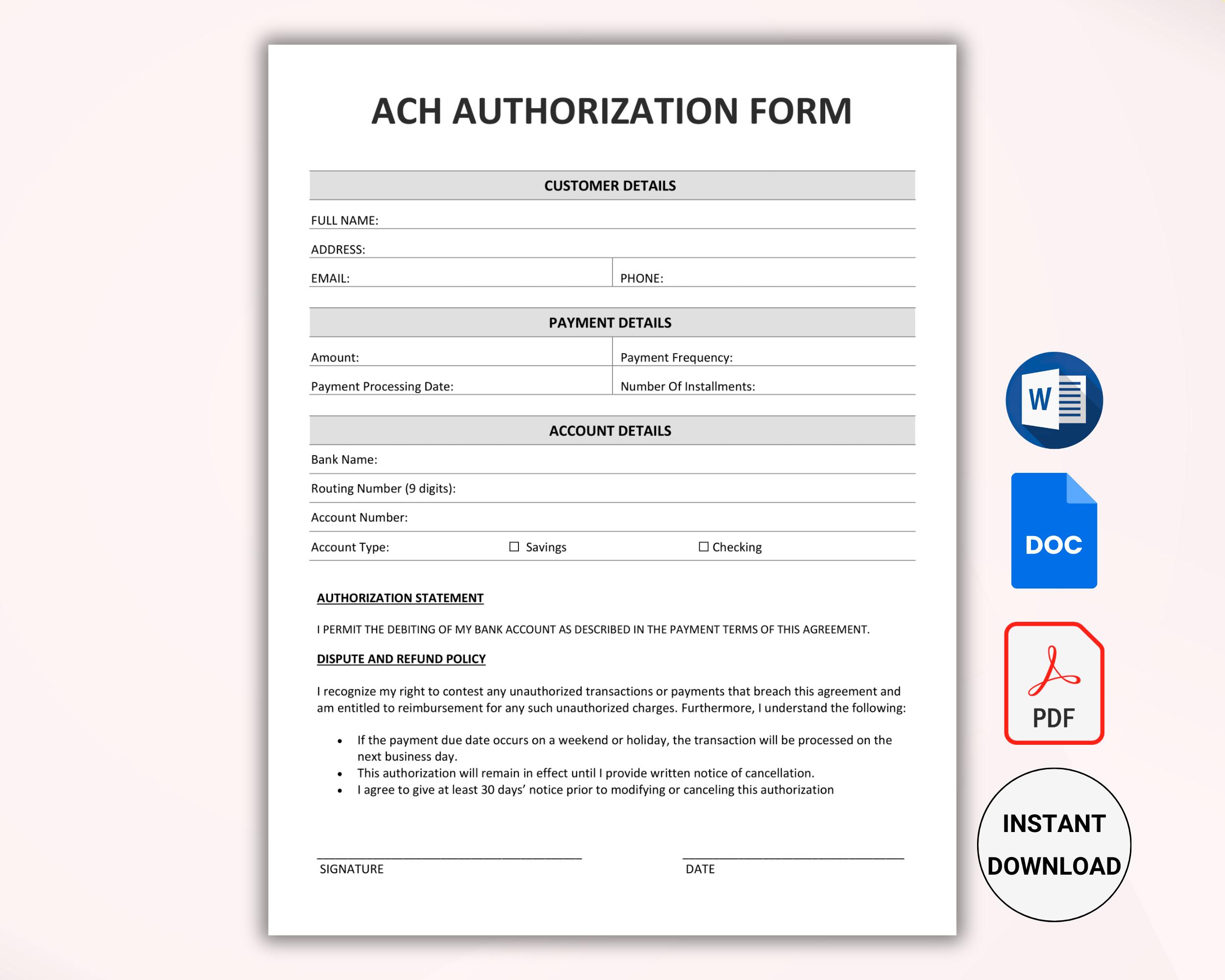 Printable ACH Authorization Form Template. Editable Debit Authorization ...
