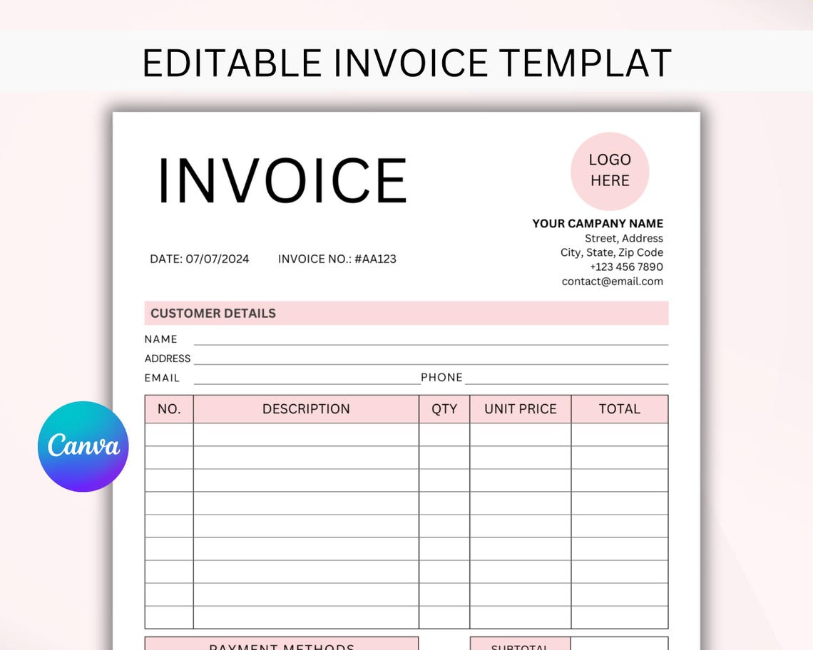 Editable Invoice Template. Invoice Form. Custom Invoice. Small Business ...