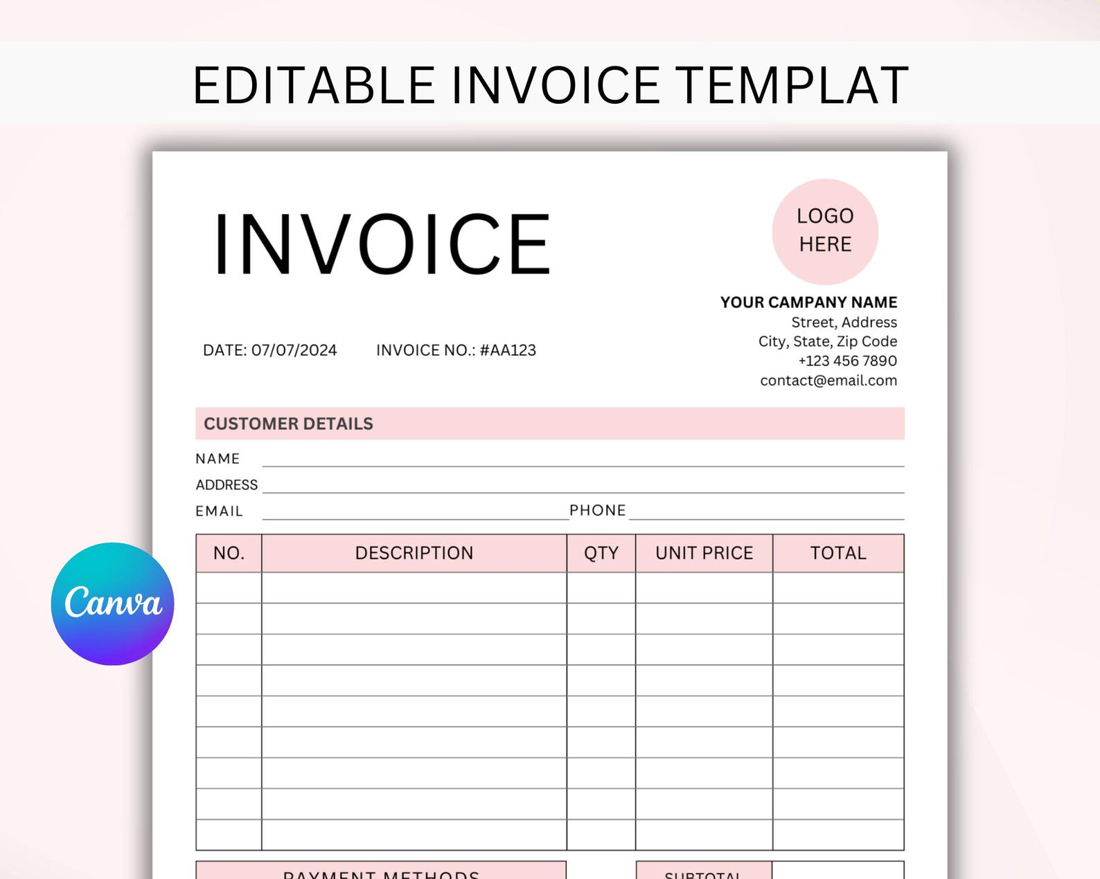 Editable Invoice Template. Invoice Form. Custom Invoice. Small Business ...