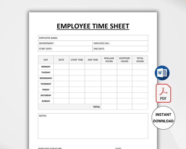 Employee Time Sheet Log Printable | Hours Worked Log | Weekly Timesheet ...