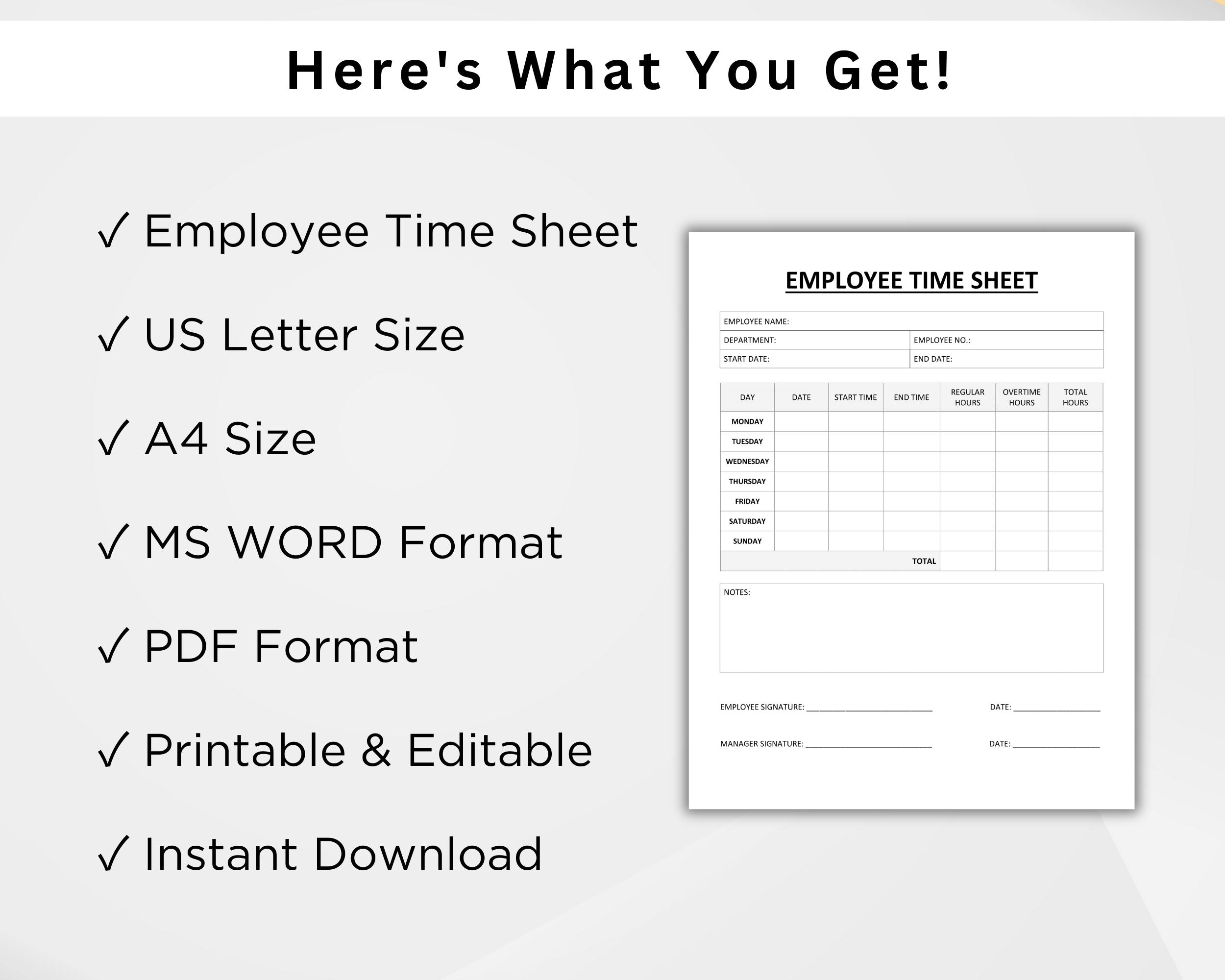 Employee Time Sheet Log Printable | Hours Worked Log | Weekly Timesheet ...