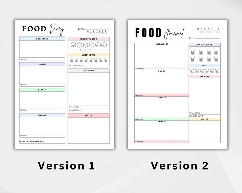 10 Food Diary. Daily Food Journal. Calorie Tracker. Daily Calorie ...