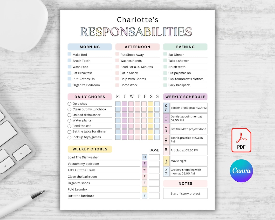 Tableau des responsabilités pour les enfants. Modèle de calendrier de ...