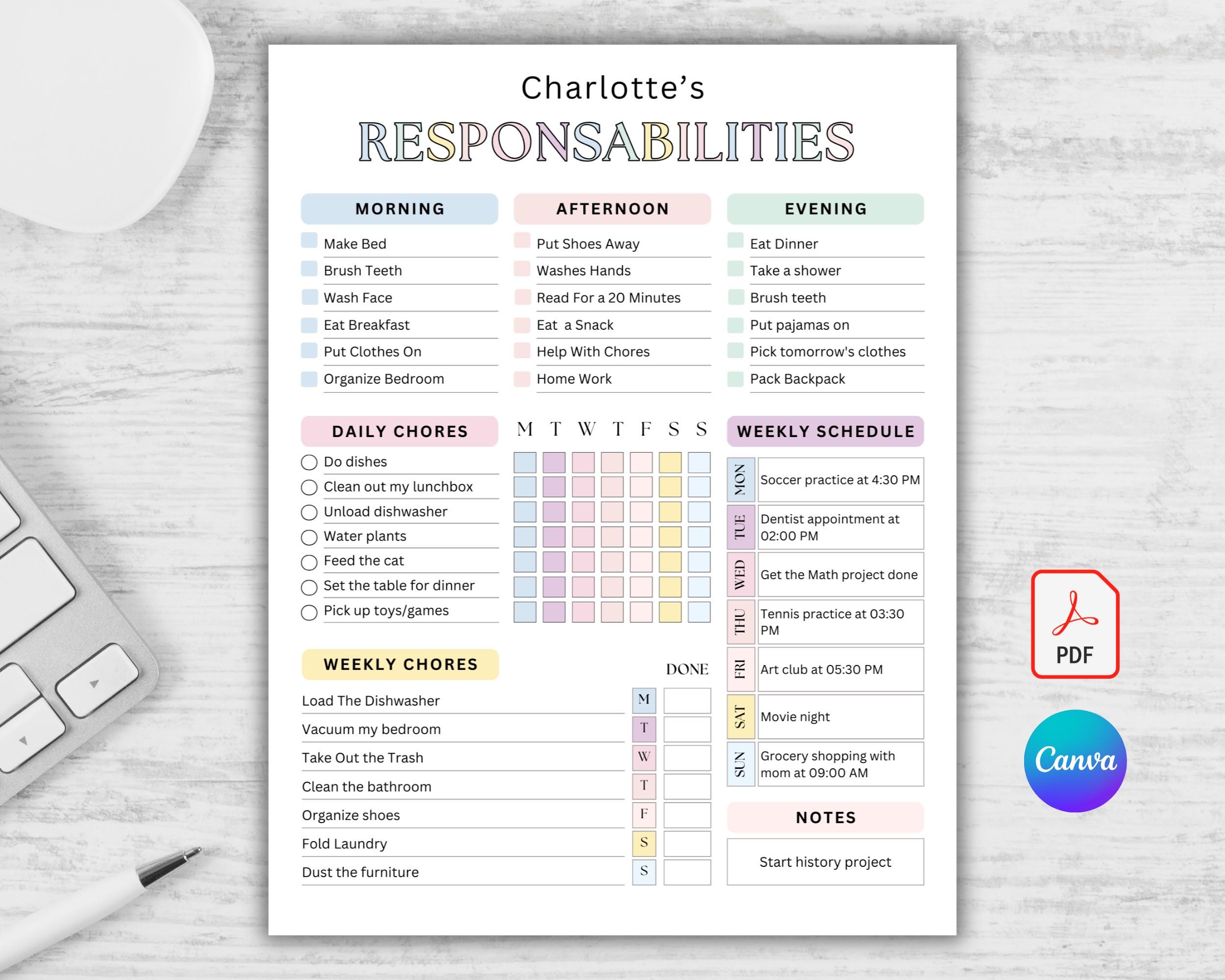 Tableau des responsabilités pour les enfants. Modèle de calendrier de ...