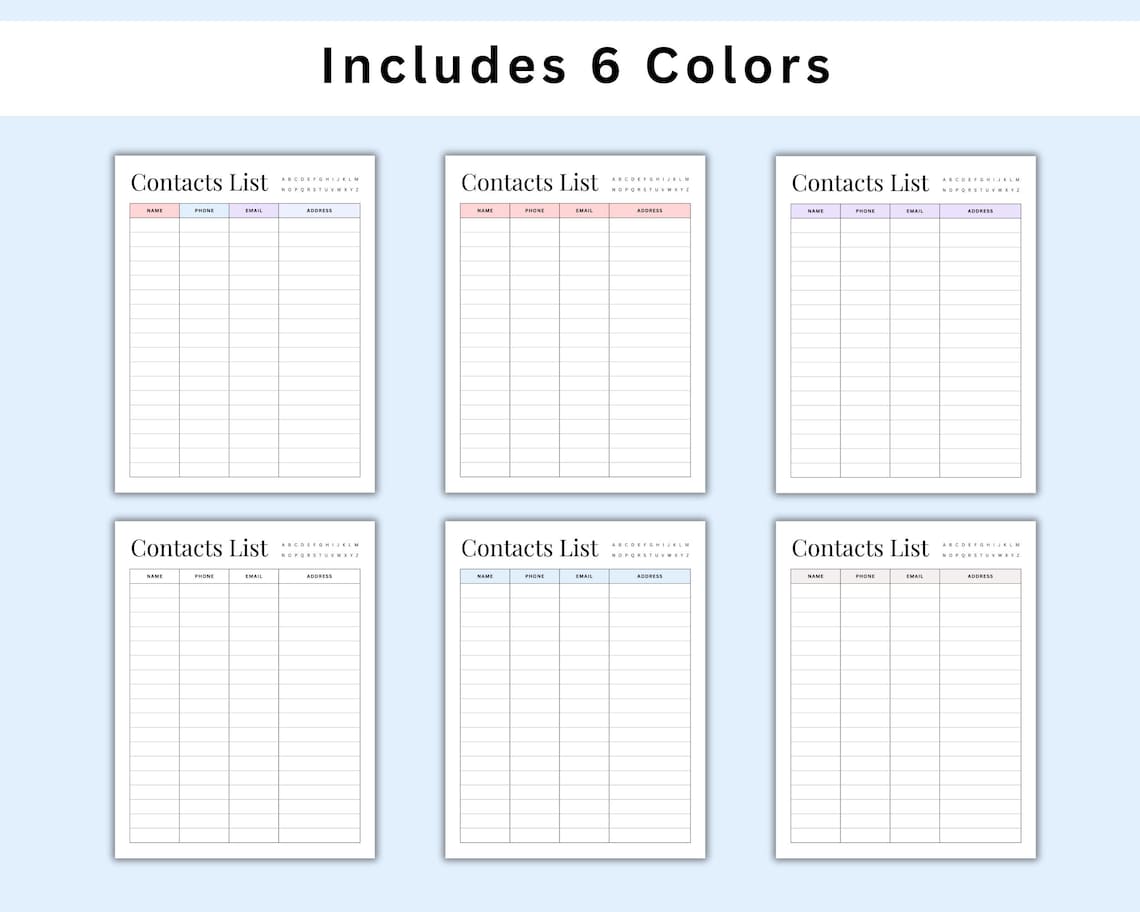 Contacts List Printable. PDF Contact Information. Contact List Template ...