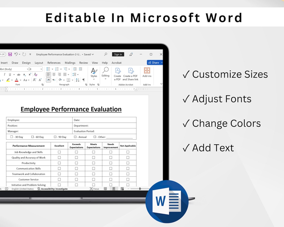 Editable Employee Performance Evaluation Template. Employee Performance ...